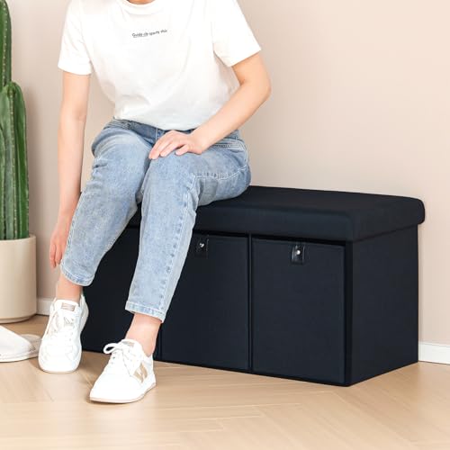 PINPLUS Storage Ottoman Bench with Drawers, 30inches Black Linen Fabric Folding Storage Chest Padded Seat Modern Dressing Stool, Footrest Shoe Bench for Bedroom Bathroom Living Room Entryway Offices