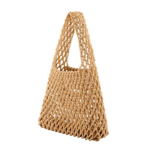 CHIC DIARY Handwoven Small Handbags for Women Cotton Crochet Clutch Purses Summer Beach Fishnet Tote Bags Wristlet Bags(Light Brown)