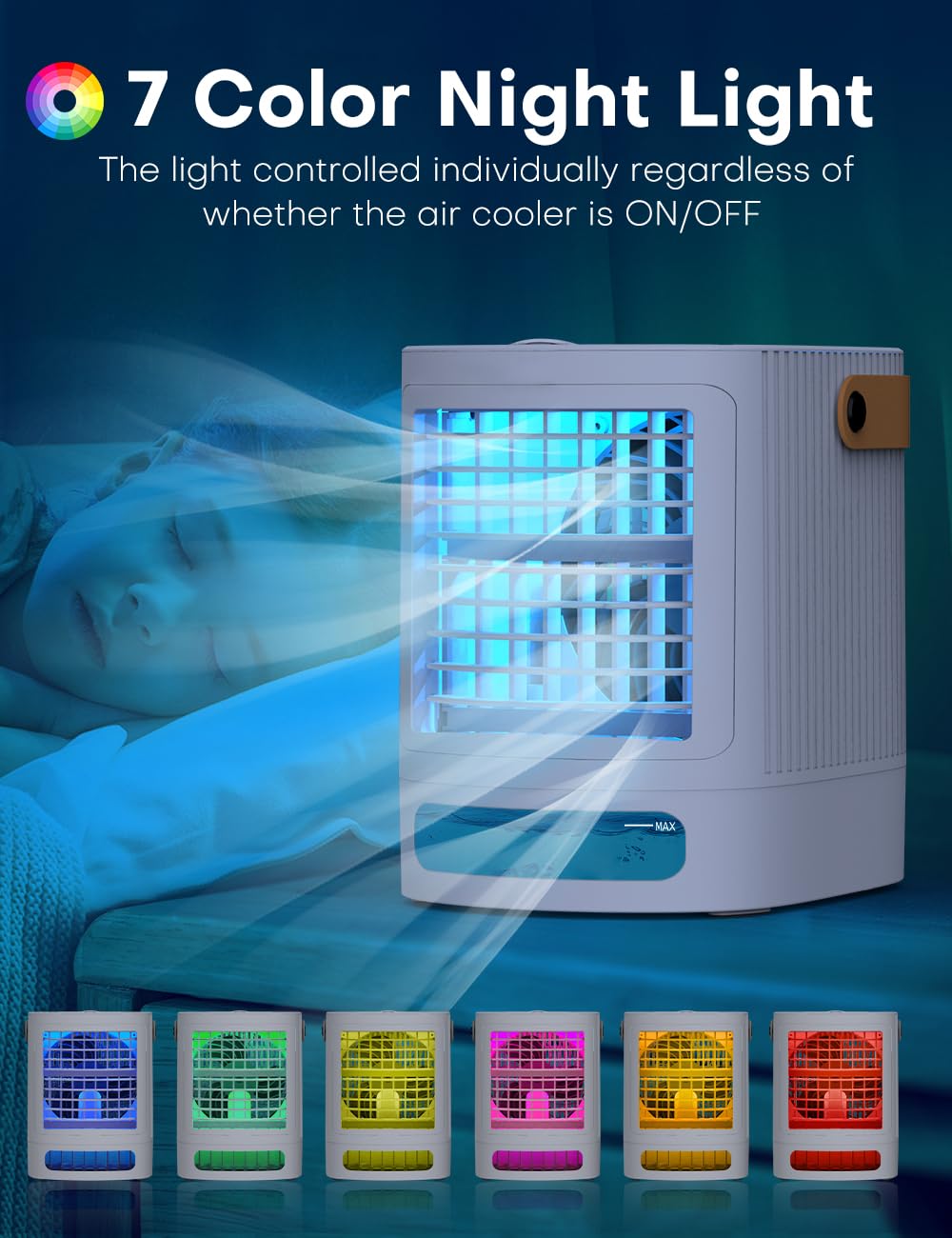 FANCOLE Mini Air Conditioner, Personal Air Cooler w/ 7-Color Night Light, 3-Level Humidify, 3 Speeds,USB Powered Evaporative Air Cooler, Small Desktop Air Conditioner Portable for Room Bedroom Office