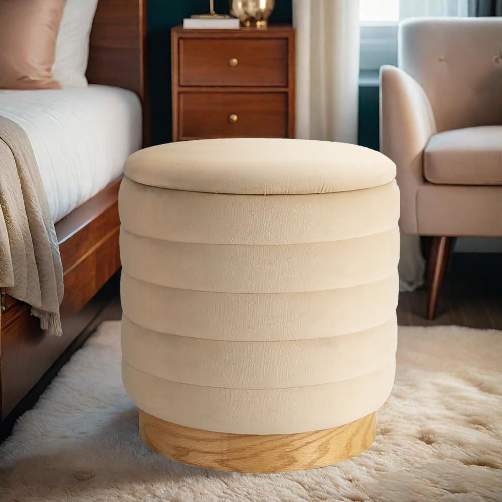 NEWIMAGE Round Ottoman Storage Box Dutch Velvet Pouffe Footstool 15.5'' Padded Stool Seat with Wooden Base, Footrest Vanity Stool with Lids for Bedroom Living Room Balcony Snack(Cream Horizontal Line)