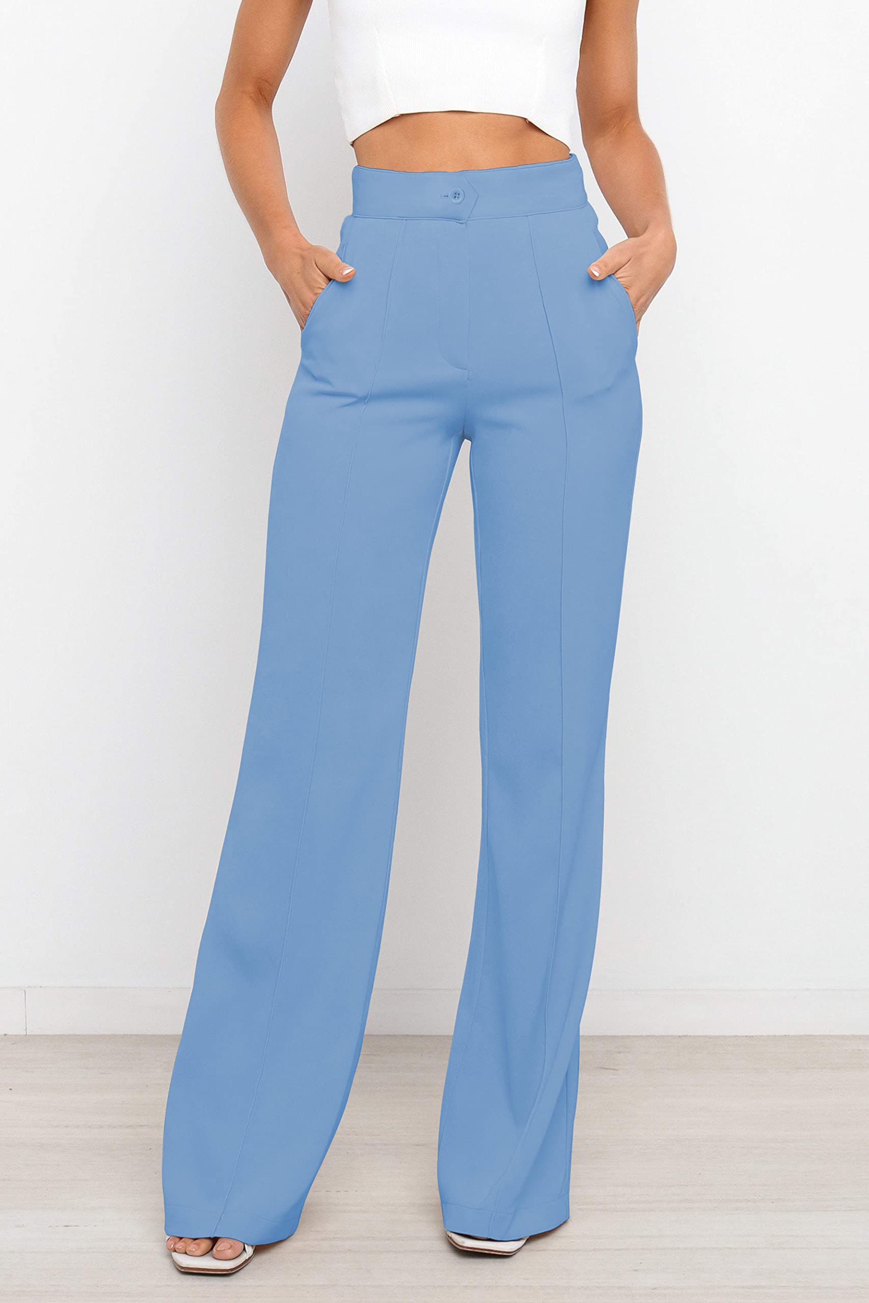 Kocowoo Women's Causal High Waisted Wide Leg Pants, Bootcut Dress Pants for Women, Work Pants with Pockets for Women Office Light Blue