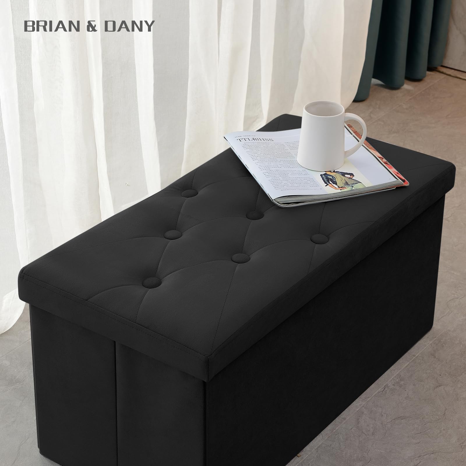 BRIAN & DANY Folding Storage Ottoman Bench, Velvet Ottoman with Storage for Living Room, Long Shoes Bench, Flannelette Footrest Benches Seat 30"x15"x15" (Black)