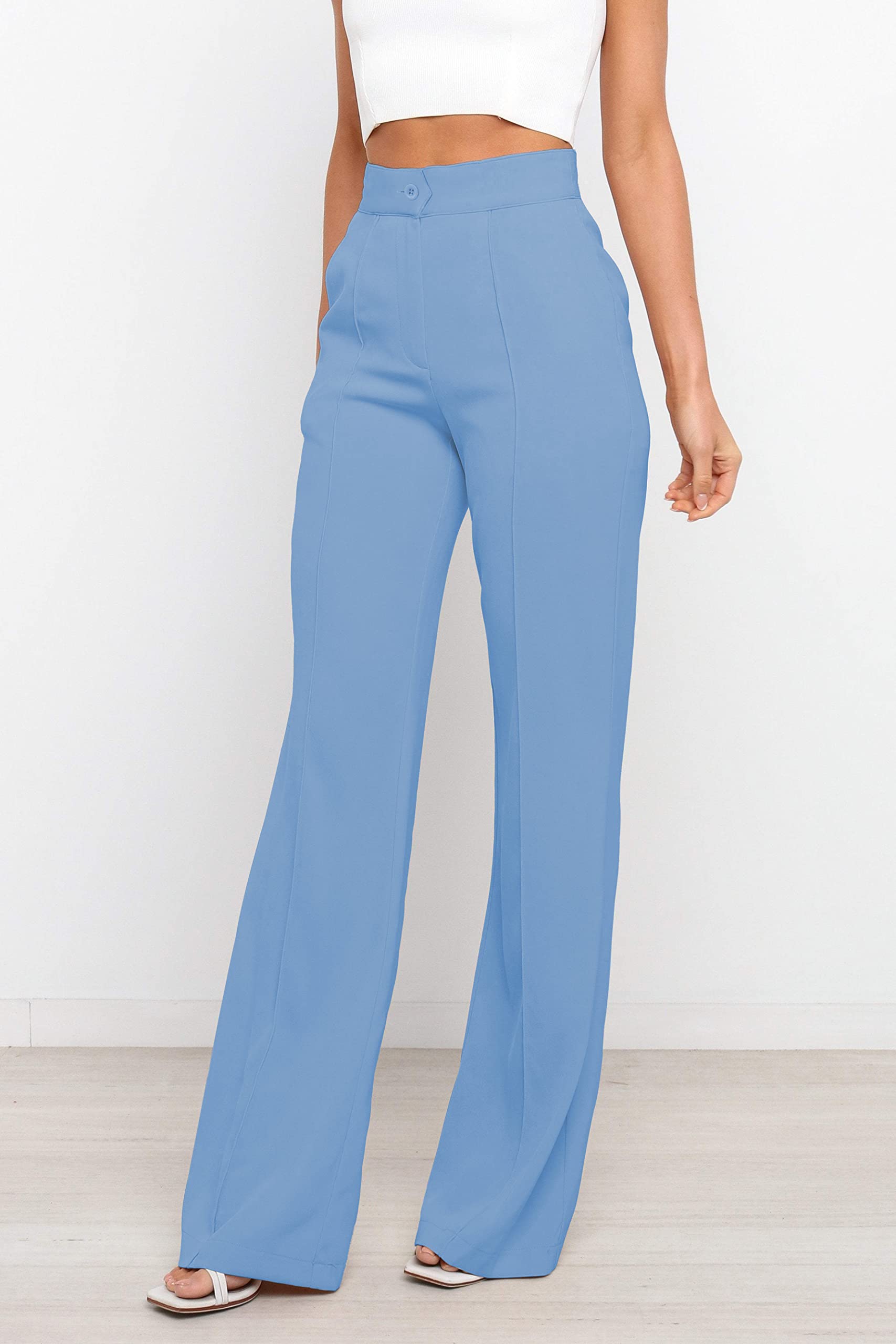 Kocowoo Women's Causal High Waisted Wide Leg Pants, Bootcut Dress Pants for Women, Work Pants with Pockets for Women Office Light Blue