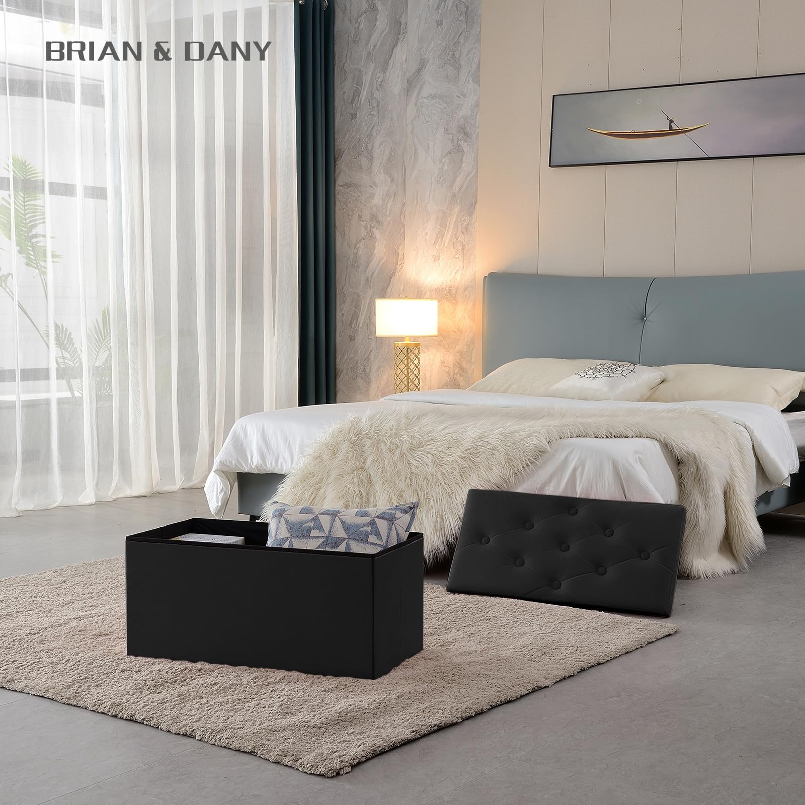 BRIAN & DANY Folding Storage Ottoman Bench, Velvet Ottoman with Storage for Living Room, Long Shoes Bench, Flannelette Footrest Benches Seat 30"x15"x15" (Black)