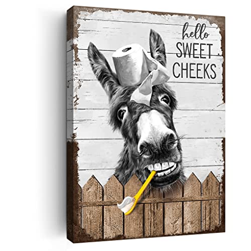 Farmhouse Bathroom Decor Wall Art Funny Donkey Bathroom Wall Art Donkey Bite Toothbrush Pictures for Wall Rustic Animal Canvas Print Framed Artwork for Washroom Bathroom Wall Decor 12x16 Inch