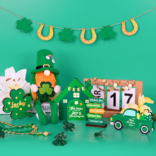 11 PCS St Patricks Day Decorations, St Patrick's Day Tiered Tray Ornaments, Shamrock Wood Table Signs Set, Irish Lucky Gnomes Doll Truck Clover Decor Centerpieces for Tabletop Fireplace Shelf Home