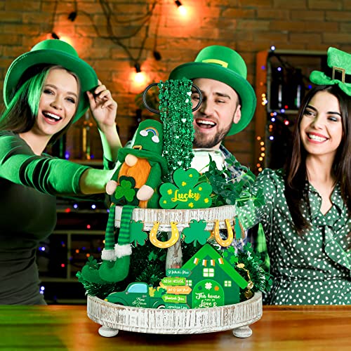 11 PCS St Patricks Day Decorations, St Patrick's Day Tiered Tray Ornaments, Shamrock Wood Table Signs Set, Irish Lucky Gnomes Doll Truck Clover Decor Centerpieces for Tabletop Fireplace Shelf Home