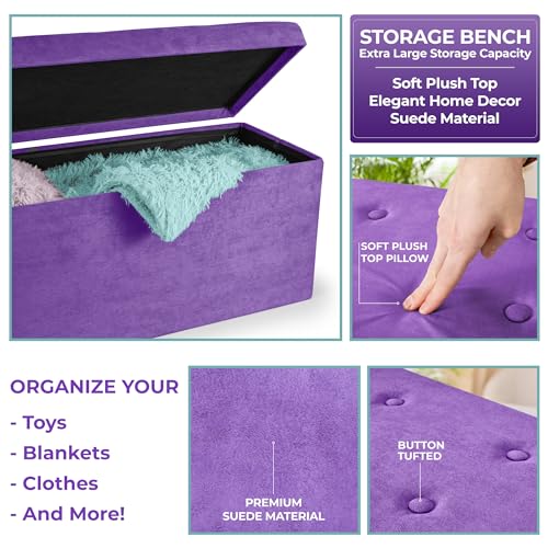 Sorbus Storage Ottoman Bench – Collapsible/Folding Bench Chest with Cover – Perfect Toy and Shoe Chest, Hope Chest, Pouffe Ottoman, Seat, Foot Rest, – Contemporary Faux Suede (Purple)