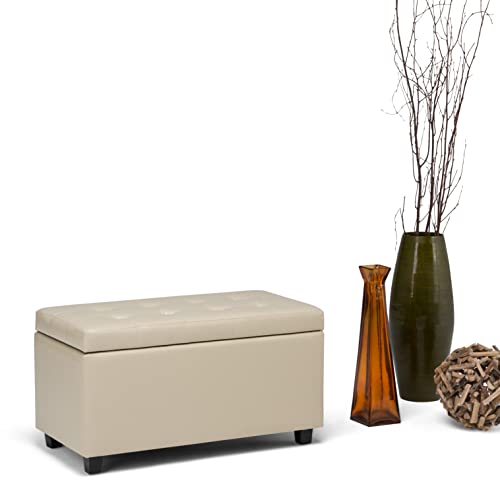 SIMPLIHOME Cosmopolitan 34 Inch Wide Transitional Rectangle Storage Ottoman in Satin Cream Vegan Faux Leather, For the Living Room, Entryway and Family Room