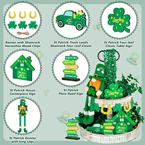 11 PCS St Patricks Day Decorations, St Patrick's Day Tiered Tray Ornaments, Shamrock Wood Table Signs Set, Irish Lucky Gnomes Doll Truck Clover Decor Centerpieces for Tabletop Fireplace Shelf Home