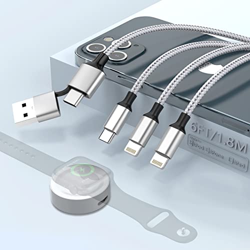 5 in 1 Smart Watch Charger Cable 6FT Magnetic iWatch Charger Multi Charging Cable with Lightning*2+Type C Nylon Braided iPhone Charger for Apple Watch Series 7/6/5/4/3/2/1/SE/iPhone/iPad/Samsung/Andr