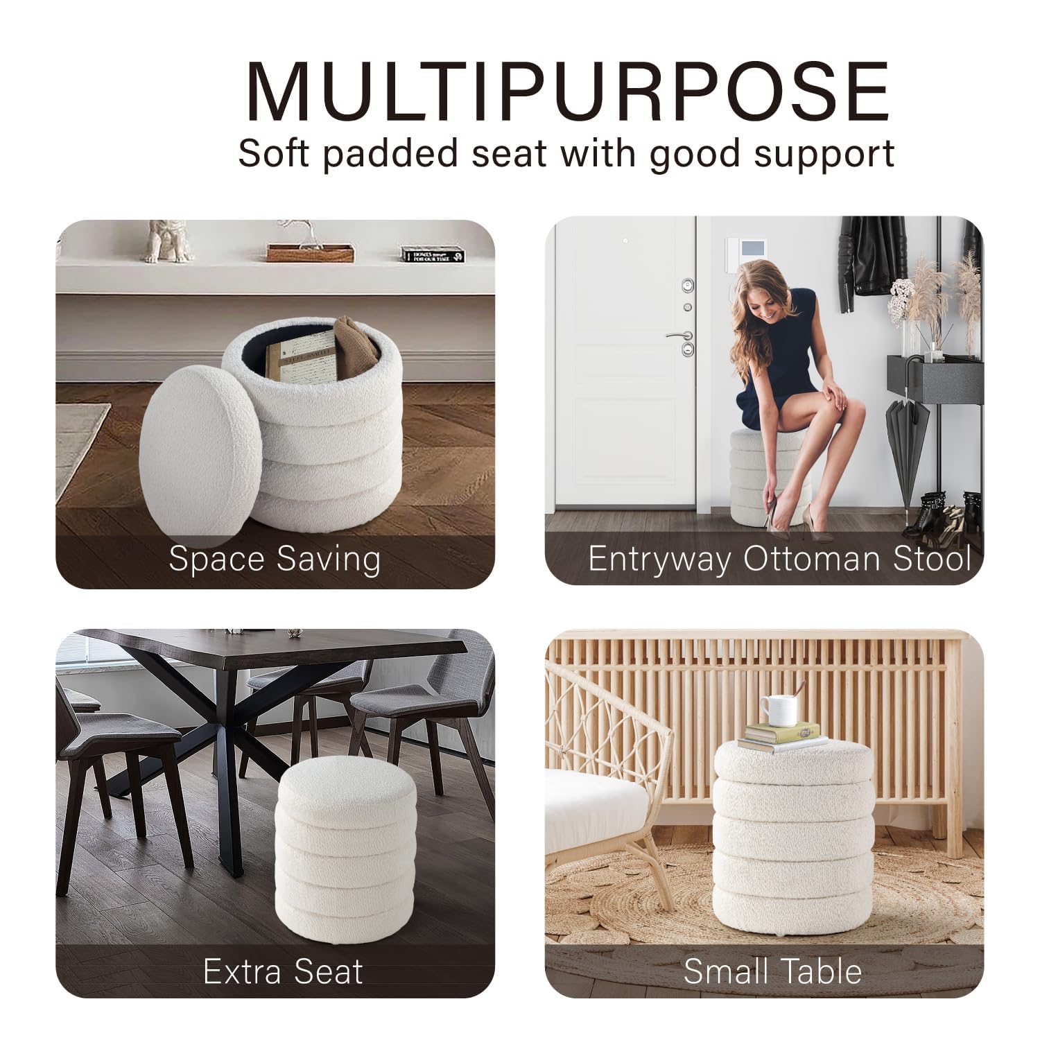 Modern Round Ottoman with Soft Padded Seat, Storage Vanity Chairs for Makeup, Upholstered Footrest Stool Ottoman Foot Stool for Living Room, Bedroom