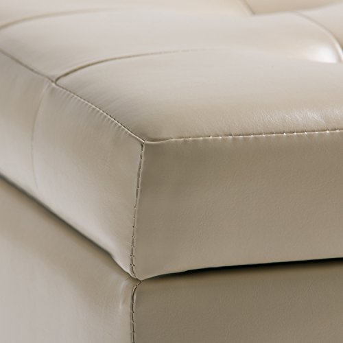 SIMPLIHOME Cosmopolitan 34 Inch Wide Transitional Rectangle Storage Ottoman in Satin Cream Vegan Faux Leather, For the Living Room, Entryway and Family Room