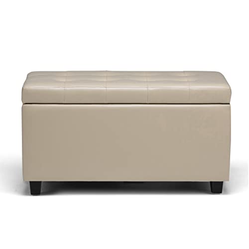 SIMPLIHOME Cosmopolitan 34 Inch Wide Transitional Rectangle Storage Ottoman in Satin Cream Vegan Faux Leather, For the Living Room, Entryway and Family Room