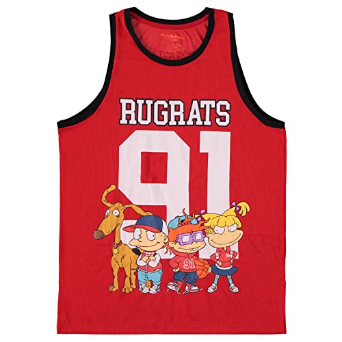 Nickelodeon Mens 90's Classic Tank - Rugrats Jersey - Reptar, Tommy, Chuckie & Phil Tanktop (Red Black, Large)