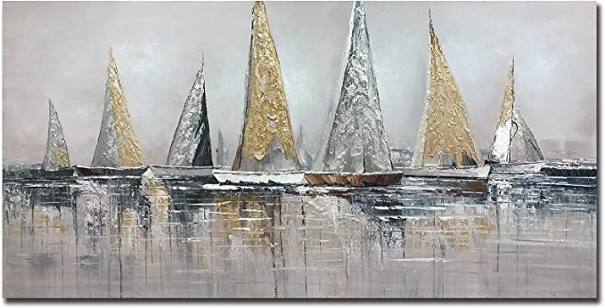 [SPRING BIG SALES] PAVILIART Golden & Silver Sailboats at the shore, Size 24" x 48", Hand Painted Abstract Seascape, Palette Knife Oil Painting on Canvas, Wall Art Decoration, Wood inside framed , Easy Hanging in Living Room