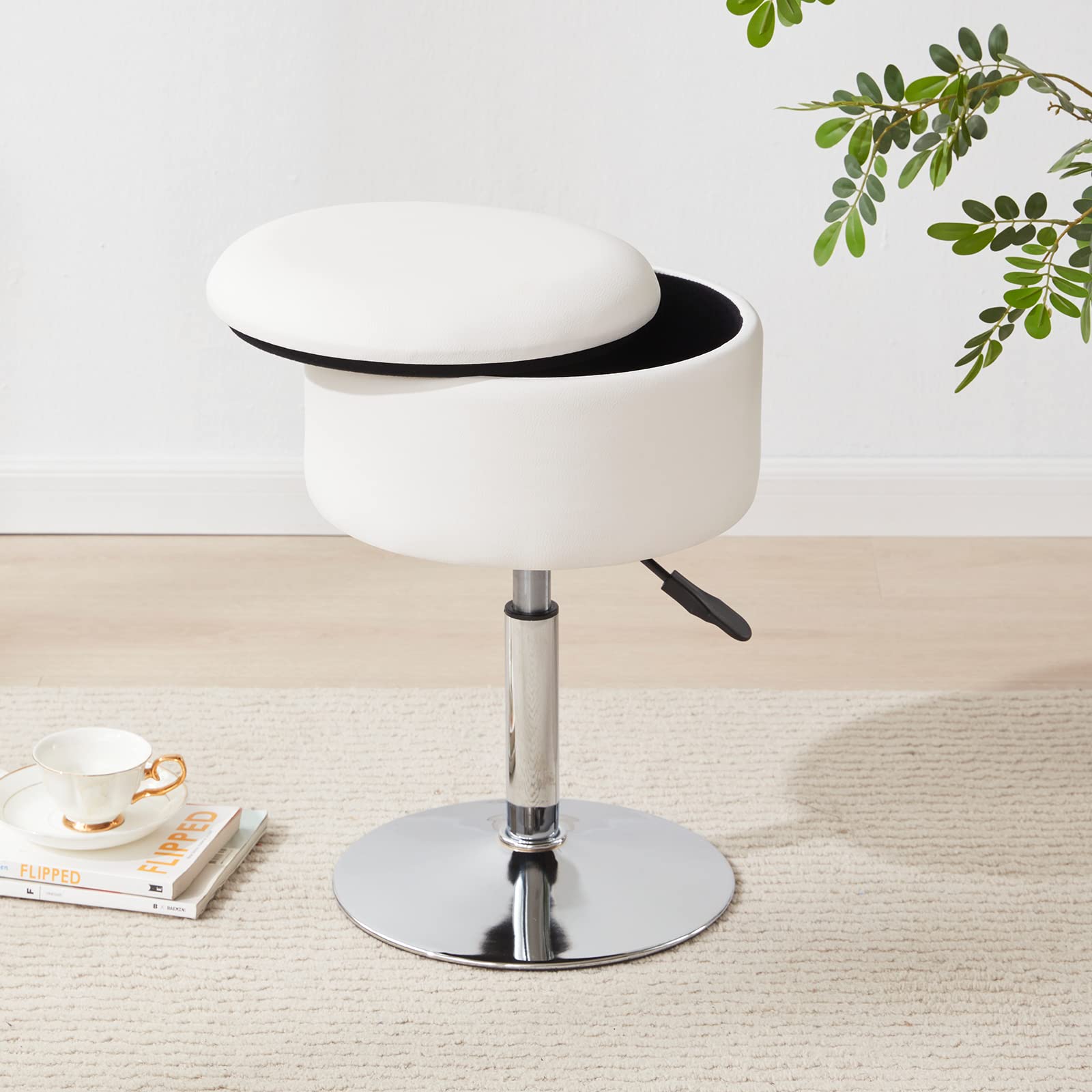 RUCUKEN Adjustable Ottoman Stool White Vanity Stool Vanity Chair for Makeup Room Stool Chair for Vanity Stool with Storage Makeup Stools with Storage Swivel Makeup Chair for Bathroom Faux Leather