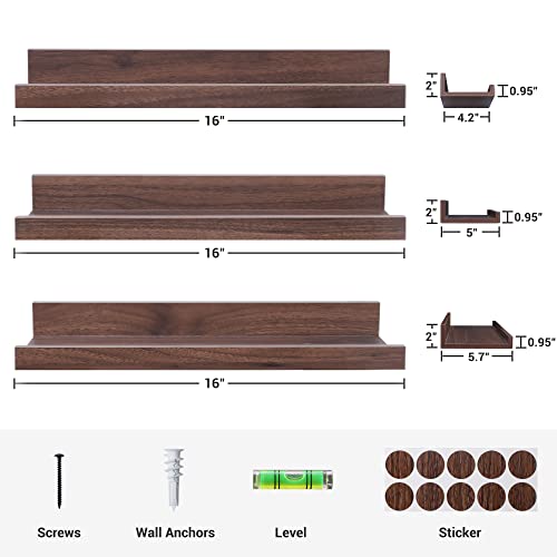 Axeman Floating Shelves, Wall Shelves Set of 3, Walnut Floating Shelves Picture Ledge Shelf for Nursery Bedroom Living Room Kitchen Office, Walnut
