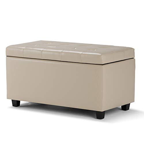 SIMPLIHOME Cosmopolitan 34 Inch Wide Transitional Rectangle Storage Ottoman in Satin Cream Vegan Faux Leather, For the Living Room, Entryway and Family Room
