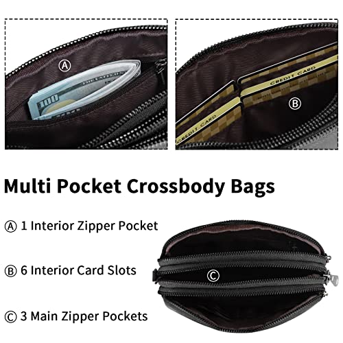 FUKUTAI Genuine Leather Crossbody Bags Shoulder Purses for Women - Real Leather Lightweight Soft Crossbody Bag Pocketbook (Black)