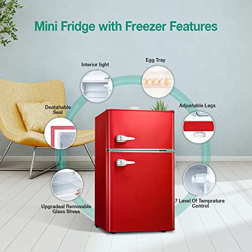 Kndko Compact Refrigerator 3.2 CU.FT. Fridge with Freezer - Dual Door Fridge - Adjustable Temperature, Energy Saving - Retro Refrigerator for Dorm, Bedroom, Apartment, Office, Garage