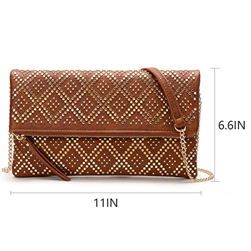 NOL Natural Organic Lifestyle Women Crossbody Bag Shoulder Handbag Evening Clutch Purse with Studs Chaine Strap (Brown)