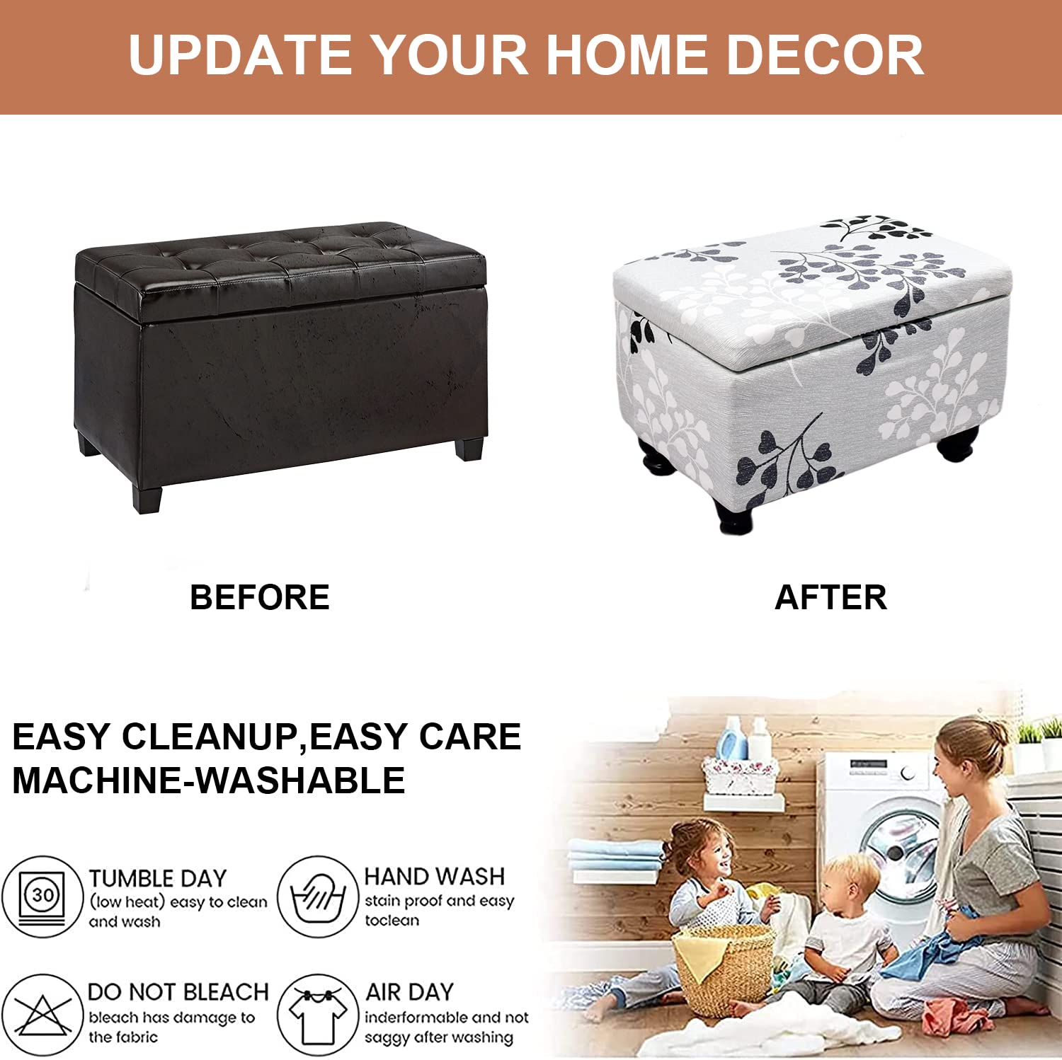Eco-Ancheng Storage Ottoman Cover Rectangle Ottoman Slipcover Folding Storage Ottoman Bench Slipcovers Footrest Stool Slipcover with Nonslip Elastic Bottom for Living Room,Large 01