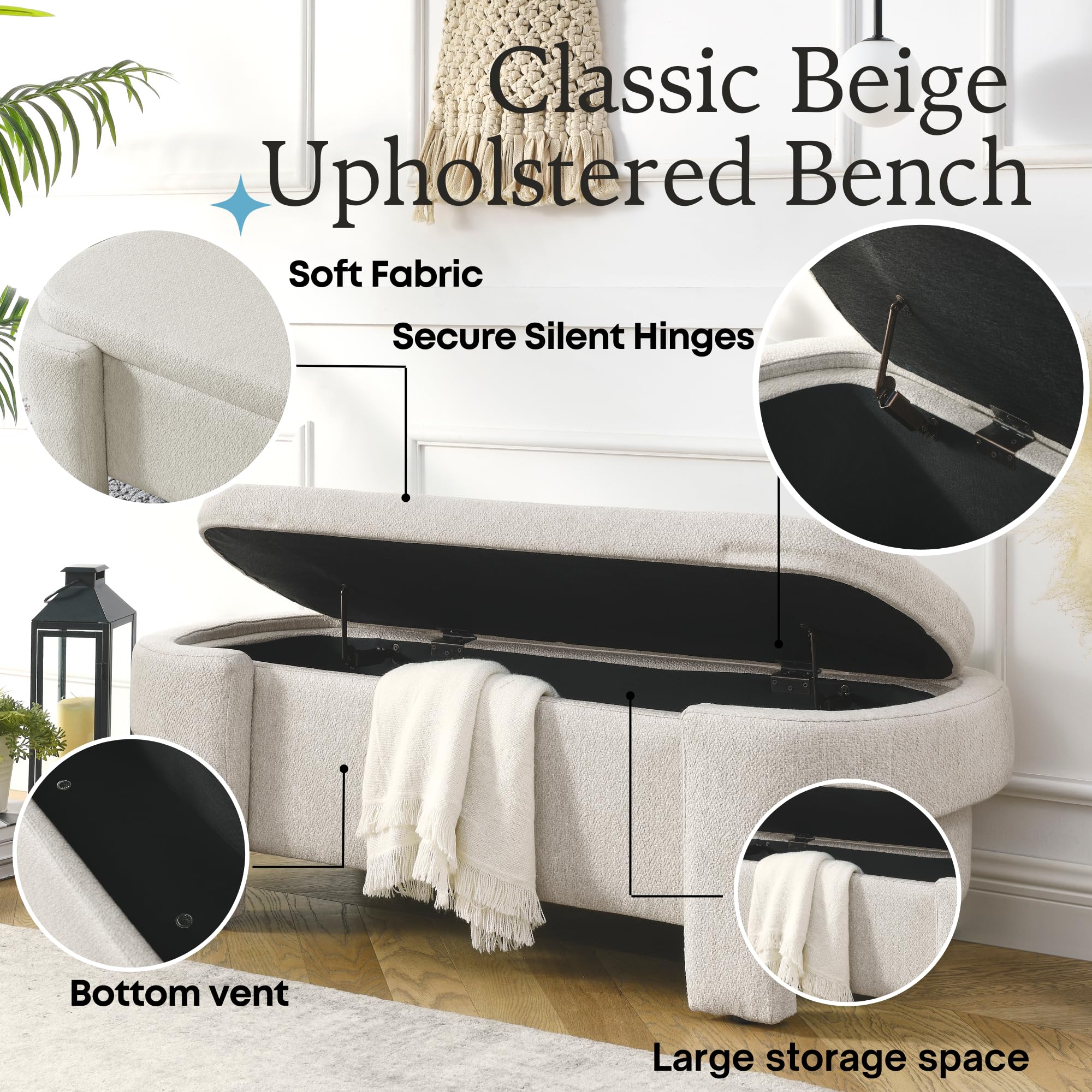 Wunlerlant 51.5" Oval Storage Bench End of Bed Storage Ottoman Benches Linen Fabric Upholstered Oversized Ottoman Bench with Large Storage Space for Living Room Entryway Bedroom Hallway Window Seating