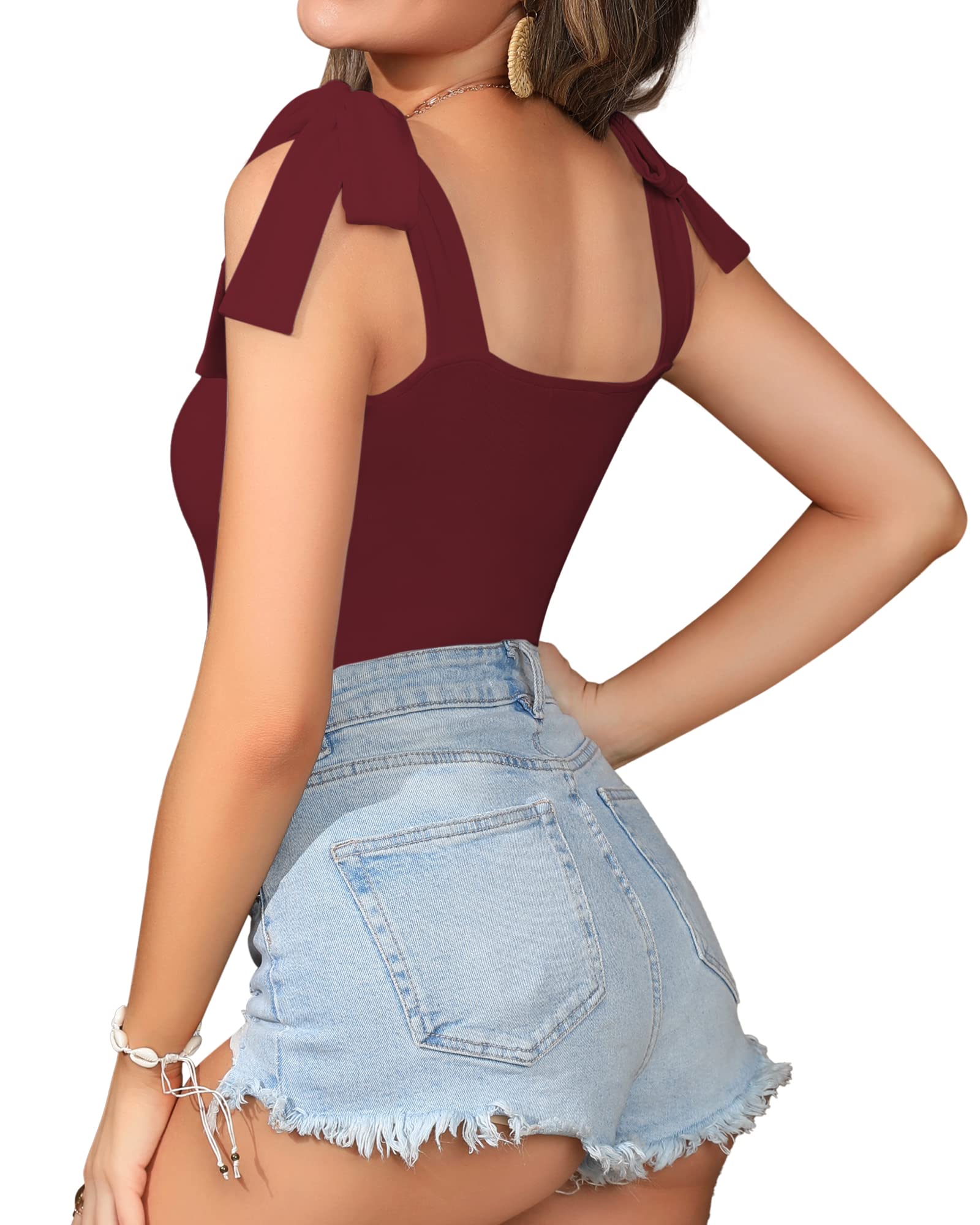 MANGOPOP Women's Square Neck Sleeveless Tank Tops Tie Shoulder Bodysuits Jumpsuits Clubwear