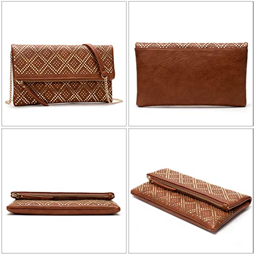 NOL Natural Organic Lifestyle Women Crossbody Bag Shoulder Handbag Evening Clutch Purse with Studs Chaine Strap (Brown)