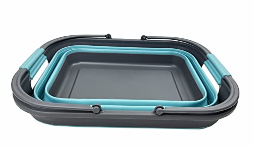 SAMMART 29L (7.6 Gallons) Collapsible Tub with Handle - Portable Outdoor Picnic Basket/Crater - Foldable Shopping Bag - Space Saving Storage Container (Grey/Crystal Blue)