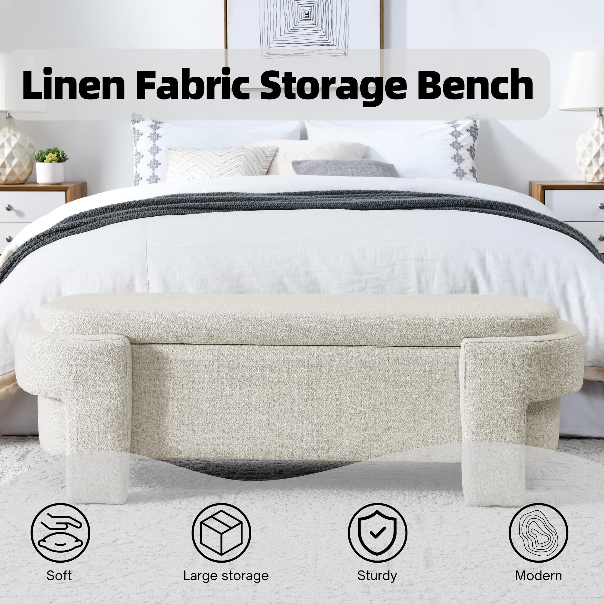 Wunlerlant 51.5" Oval Storage Bench End of Bed Storage Ottoman Benches Linen Fabric Upholstered Oversized Ottoman Bench with Large Storage Space for Living Room Entryway Bedroom Hallway Window Seating