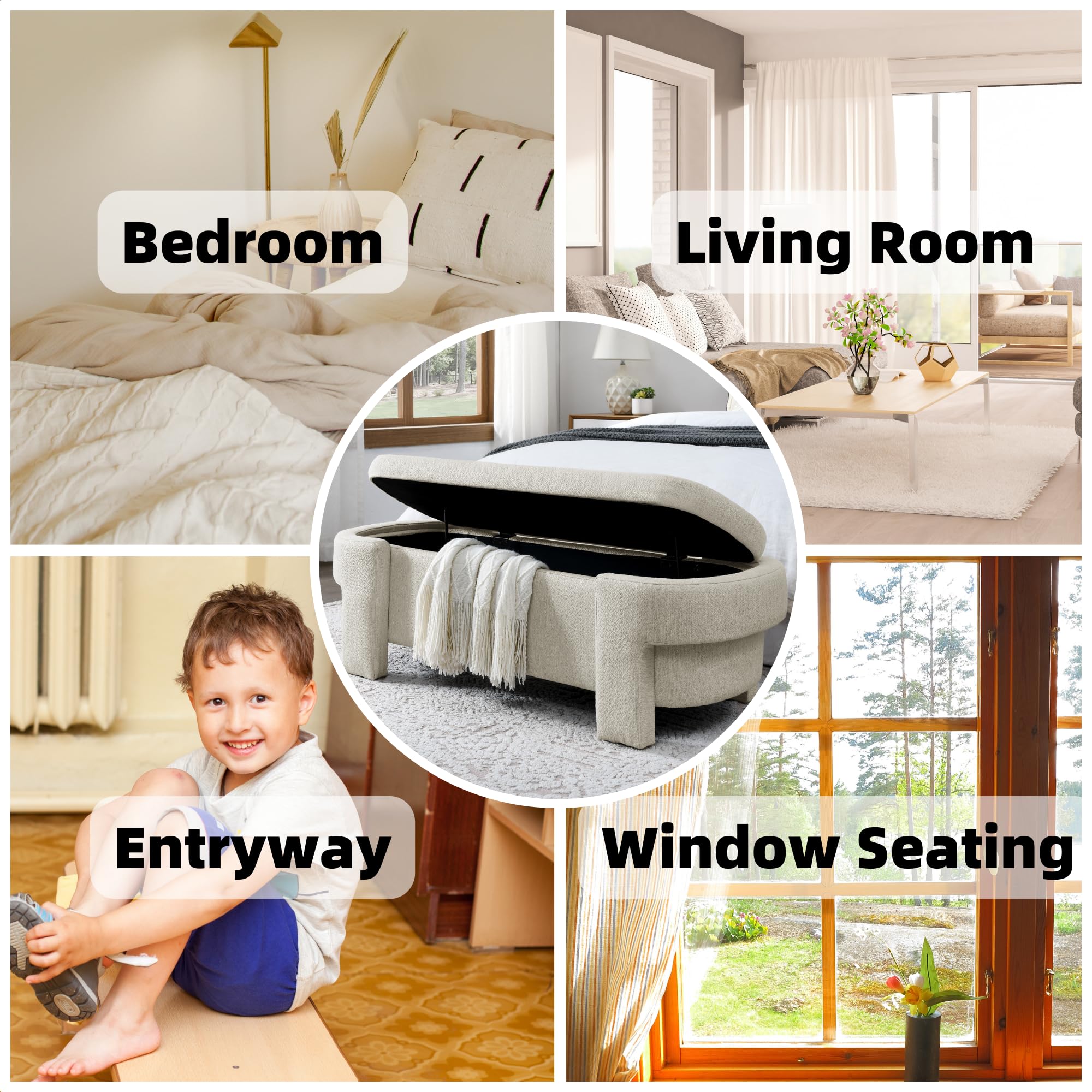 Wunlerlant 51.5" Oval Storage Bench End of Bed Storage Ottoman Benches Linen Fabric Upholstered Oversized Ottoman Bench with Large Storage Space for Living Room Entryway Bedroom Hallway Window Seating