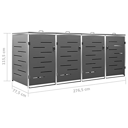 Canditree Outdoor Large Storage Shed for Garbage Cans, Stainless Steel Quadruple Wheelie Bin Shed with 4 Doors for Patio (Anthracite)