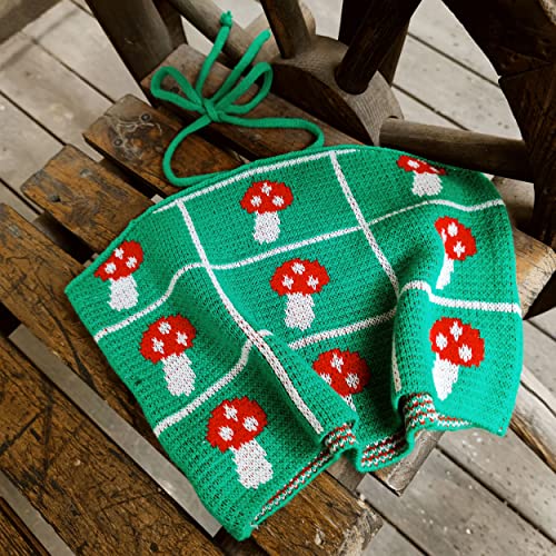 Women’s Knit Crop Tank Top Halter Neck Cute Mushroom Graphic Backless Crochet Summer Cami Top Green