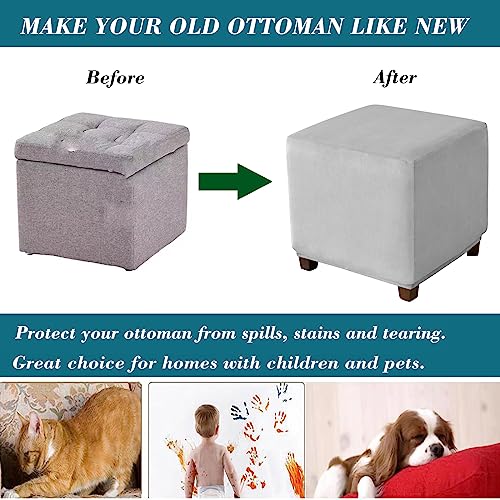 HFCNMY Ottoman Cover Square,Stretch Velvet Square Ottoman Cover Thick Ottoman Slipcover Square Washable Storage Ottoman Cover Foot Stool Cover with Elastic Bottom Light Gray Small