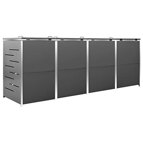 Canditree Outdoor Large Storage Shed for Garbage Cans, Stainless Steel Quadruple Wheelie Bin Shed with 4 Doors for Patio (Anthracite)