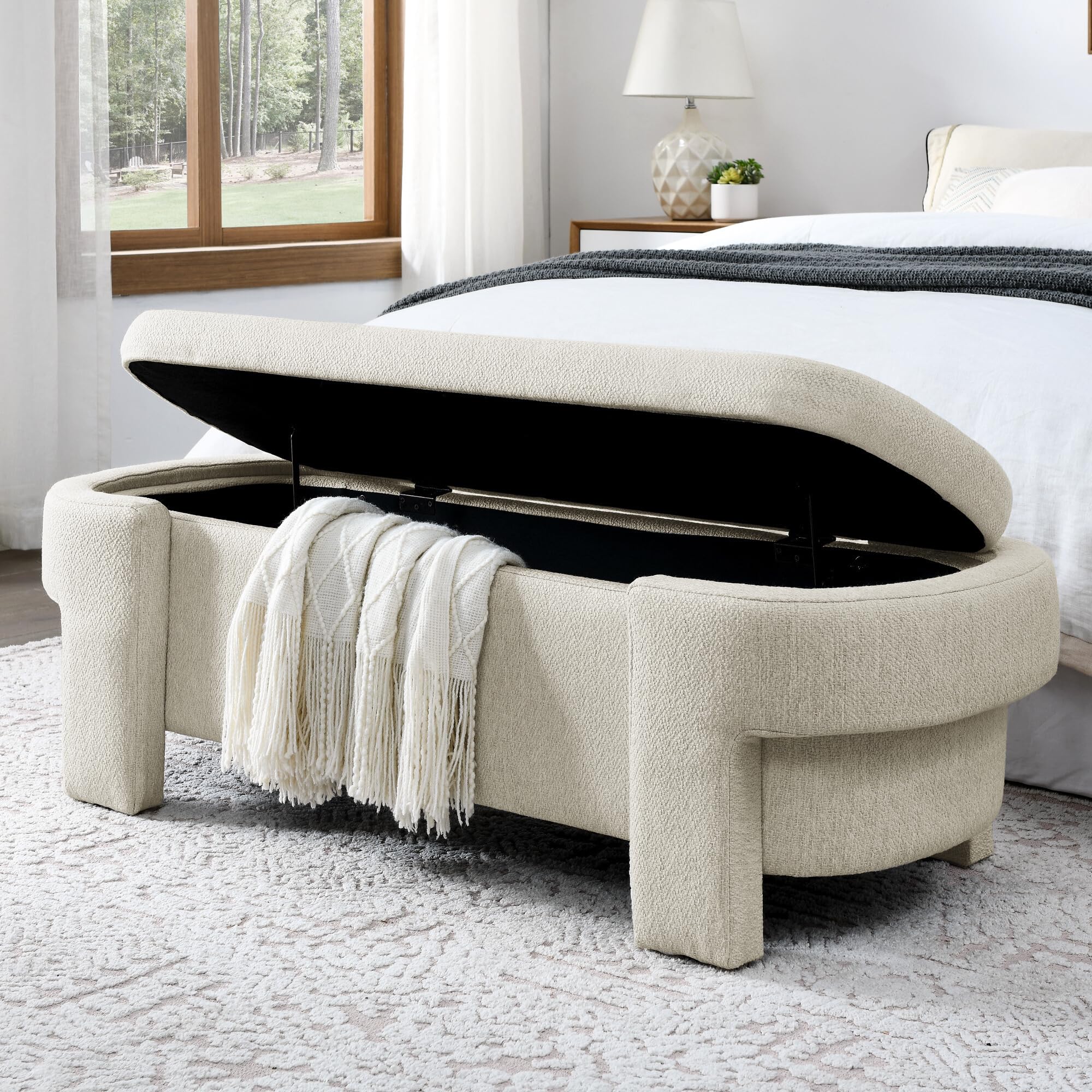 Wunlerlant 51.5" Oval Storage Bench End of Bed Storage Ottoman Benches Linen Fabric Upholstered Oversized Ottoman Bench with Large Storage Space for Living Room Entryway Bedroom Hallway Window Seating
