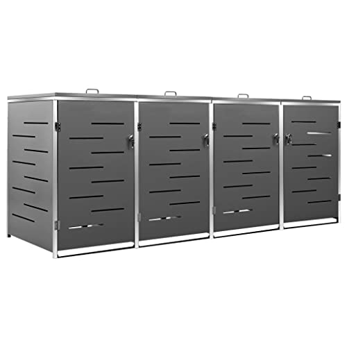 Canditree Outdoor Large Storage Shed for Garbage Cans, Stainless Steel Quadruple Wheelie Bin Shed with 4 Doors for Patio (Anthracite)