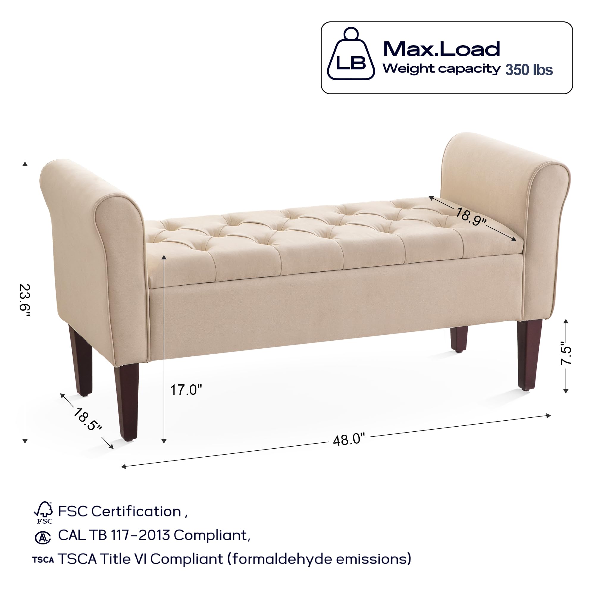 HUIMO 48" Arm Storage Ottoman with 7.5-inch Solid Wood Legs, Storage Bench, Upholstered Window Sitting Bench for Bedroom,End of Bed Bench Indoor, Livingroom, Entryway,Tan