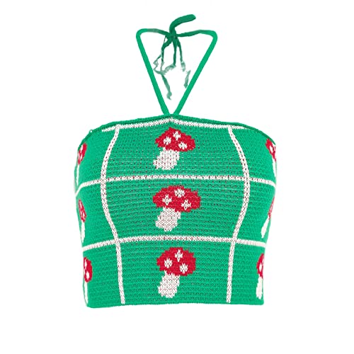 Women’s Knit Crop Tank Top Halter Neck Cute Mushroom Graphic Backless Crochet Summer Cami Top Green
