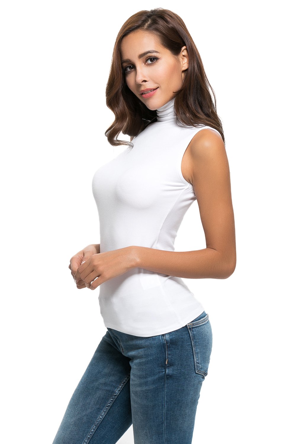 Nasperee Women Sleeveless Mock Turtleneck Tank Tops Slim Fit Stretchy Layer Tee Shirts