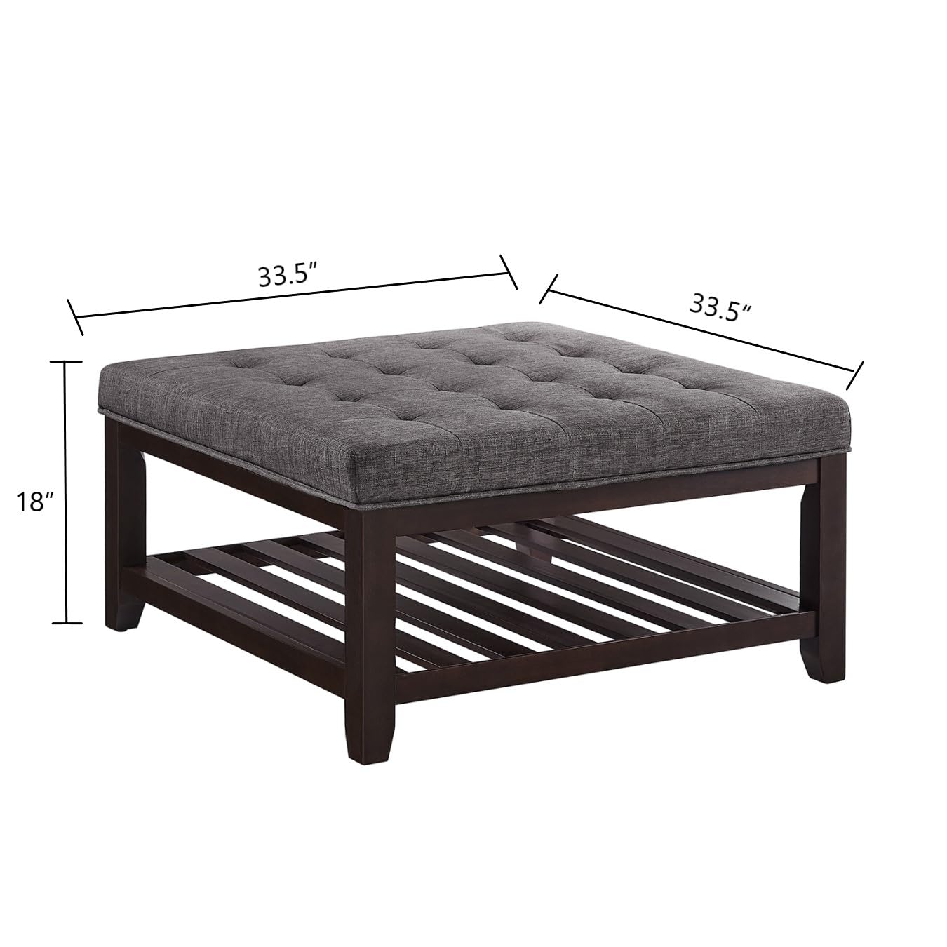 24KF Large Square Upholstered Tufted Linen Ottoman Coffee Table, Large Footrest Ottoman with Solid Wood Shelf-Dark Gray