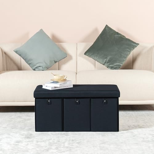 PINPLUS Storage Ottoman Bench with Drawers, 30inches Black Linen Fabric Folding Storage Chest Padded Seat Modern Dressing Stool, Footrest Shoe Bench for Bedroom Bathroom Living Room Entryway Offices