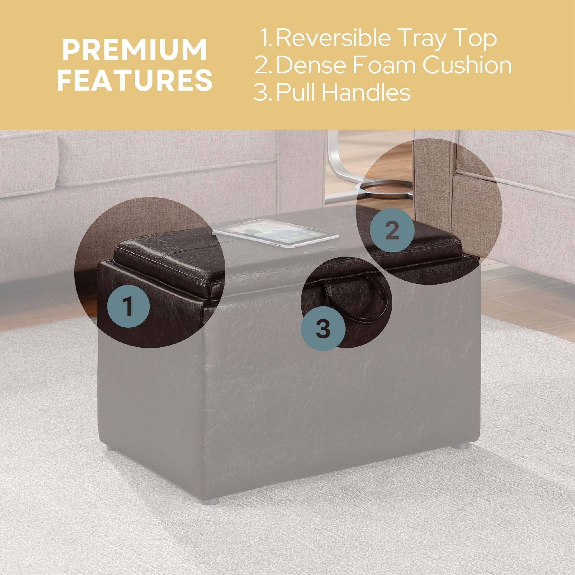 Convenience Concepts Designs4Comfort Accent Storage Ottoman 22.75" - Modern Foot Stool with Decorative Tray for Living Room, Dining Room, Office, Den, Espresso Faux Leather