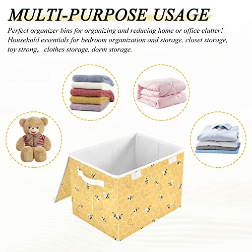 DOMIKING Yellow Bees Honey Large Storage Bin with Lid Collapsible Shelf Baskets Box with Handles Organizing Container for Nursery Drawer Shelves Cabinet