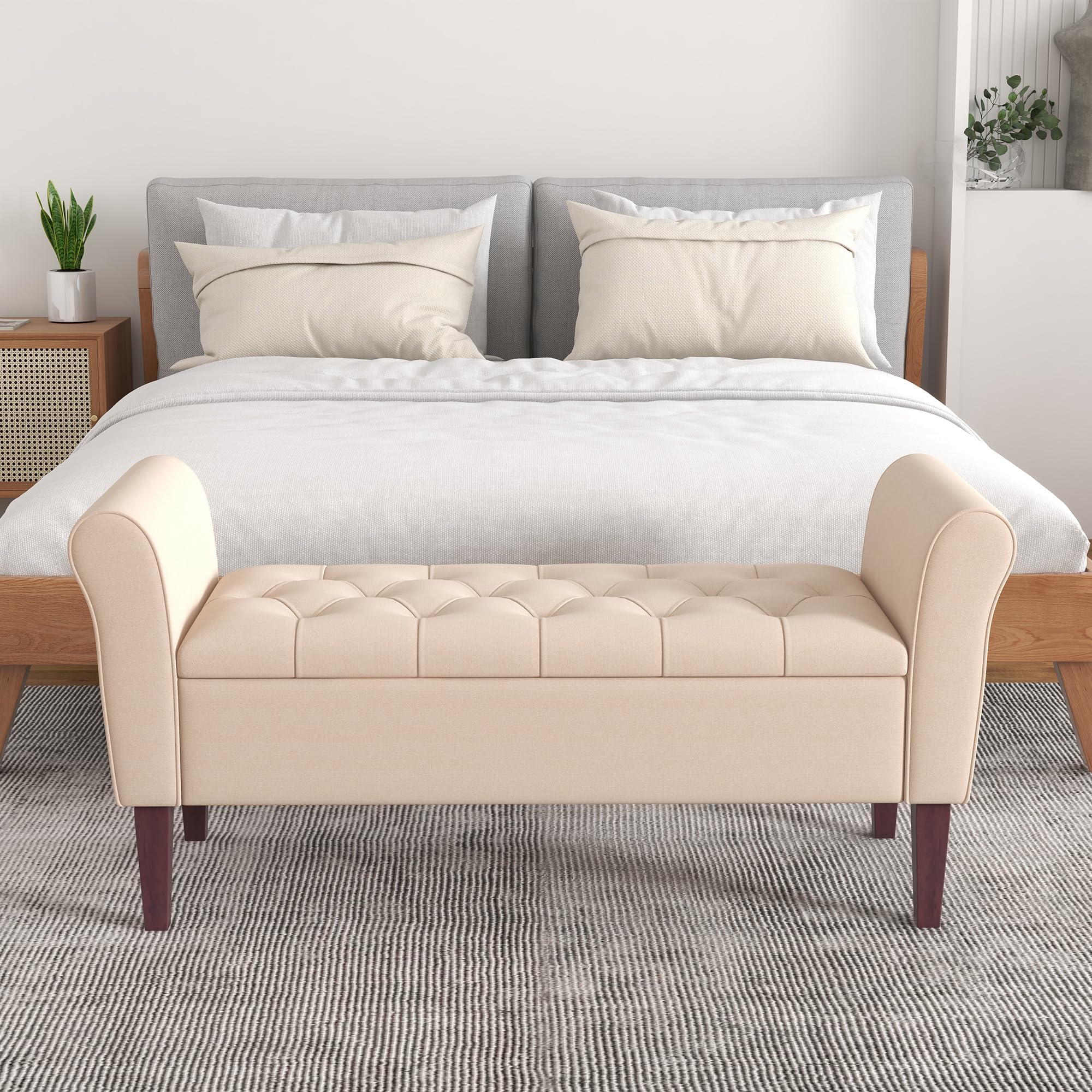 HUIMO 48" Arm Storage Ottoman with 7.5-inch Solid Wood Legs, Storage Bench, Upholstered Window Sitting Bench for Bedroom,End of Bed Bench Indoor, Livingroom, Entryway,Tan