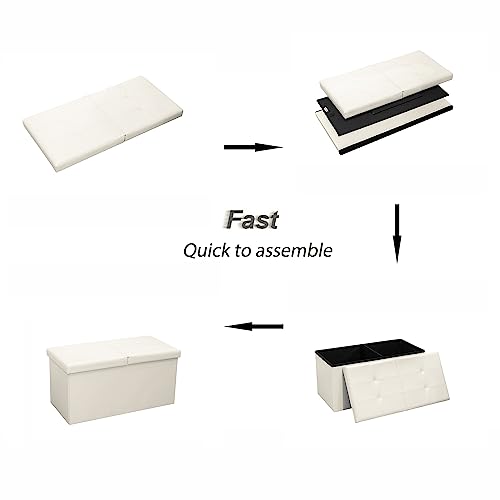 B FSOBEIIALEO Storage Ottoman with Filpping Lids, Ottoman Storage Bench Footrest Seat, Storage Chest Faux Leather 30"x15"x15" (White)