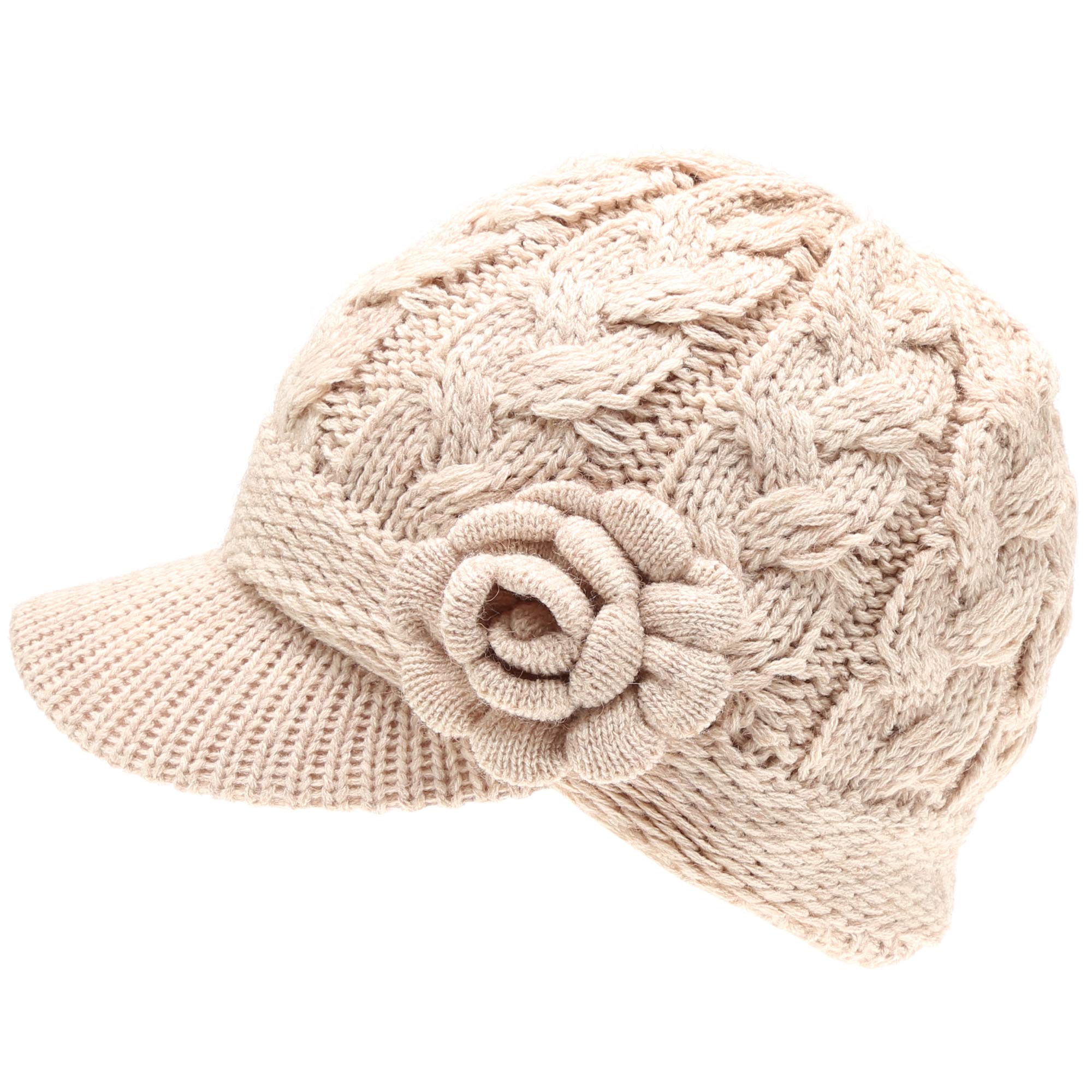 MIRMARU Women’s Knitted Newsboy Hat Double Layer Visor Beanie Cap with Soft Warm Fleece Lining(Cable Knit with Flower-Oatmeal)
