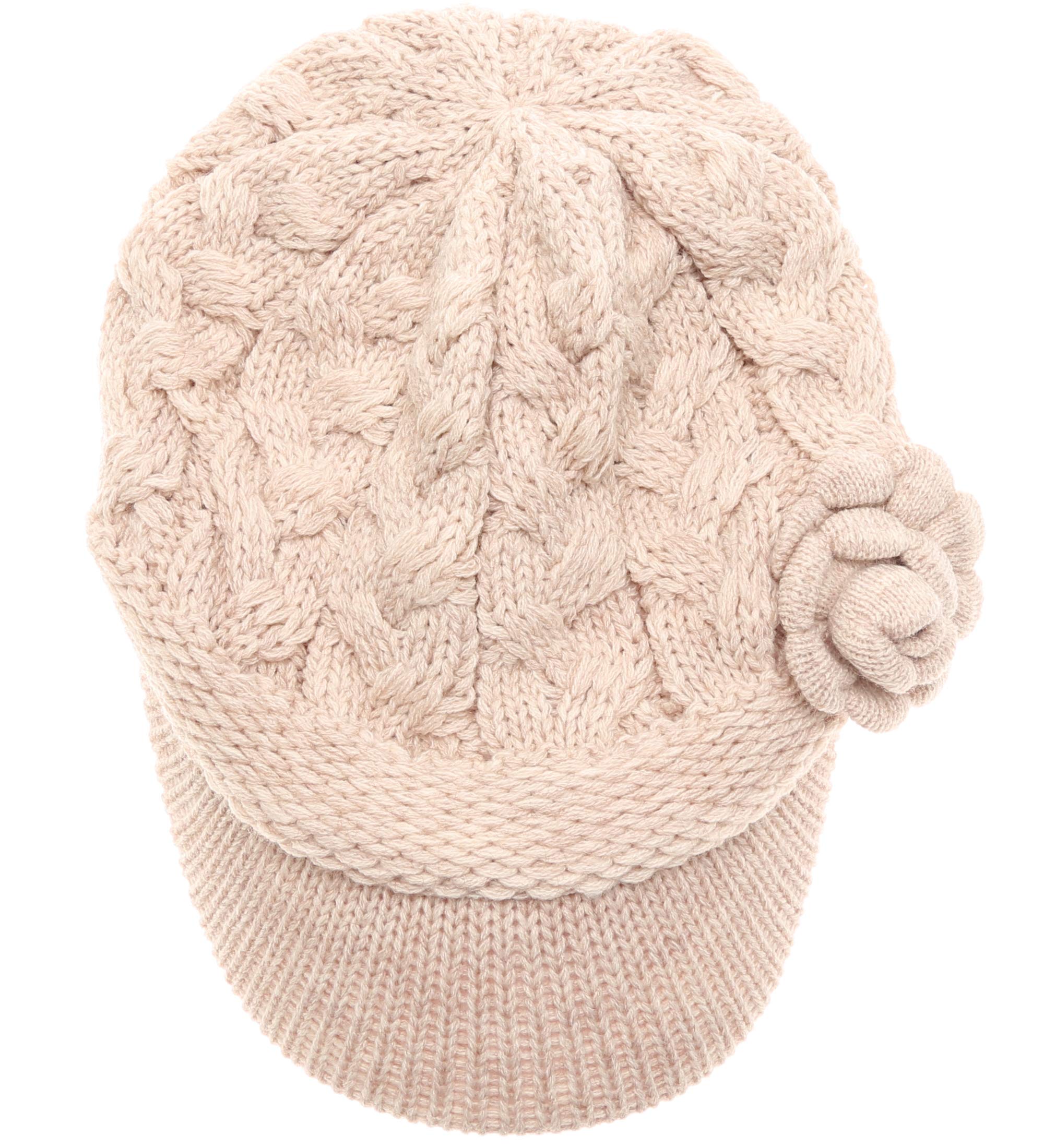 MIRMARU Women’s Knitted Newsboy Hat Double Layer Visor Beanie Cap with Soft Warm Fleece Lining(Cable Knit with Flower-Oatmeal)